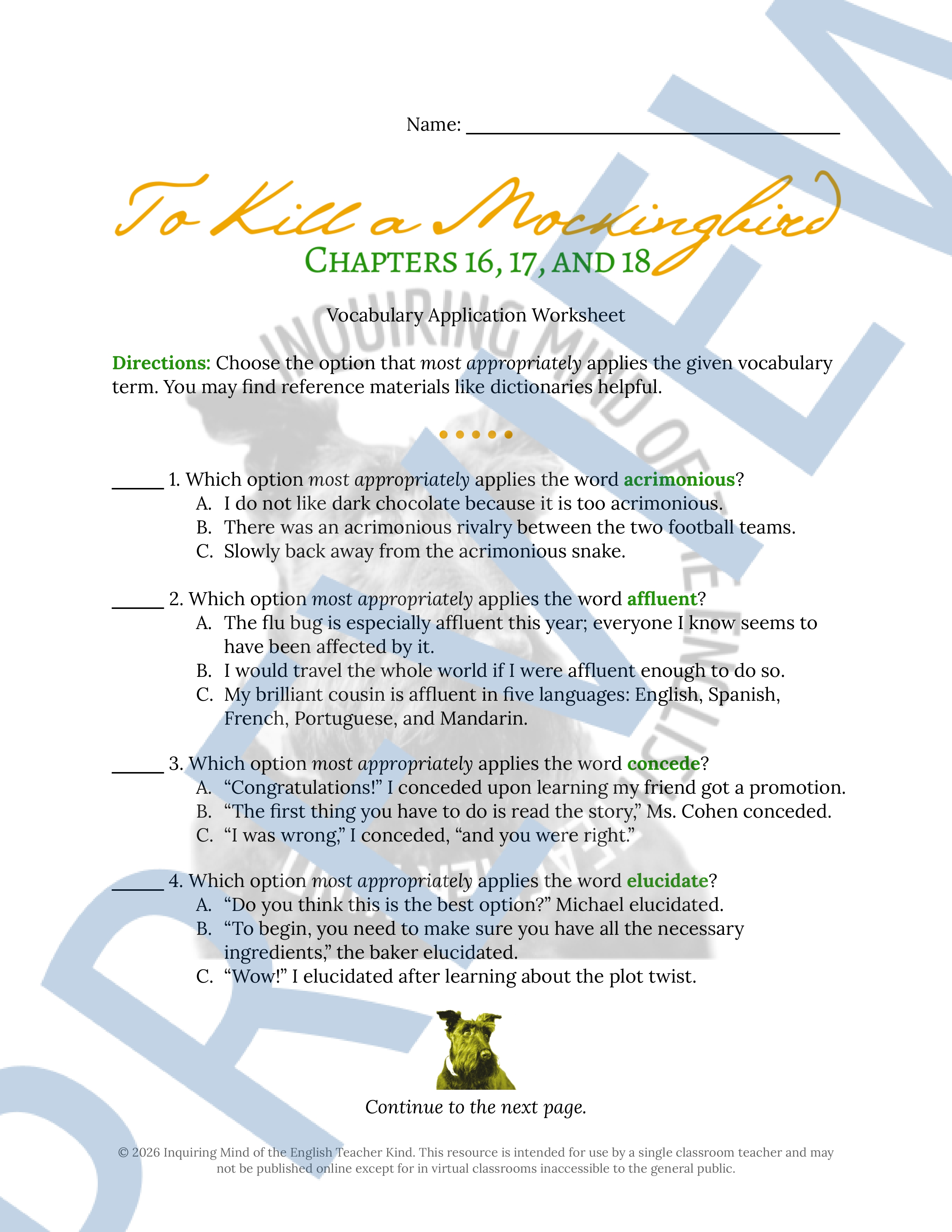 To Kill a Mockingbird Chapters 16, 17 & 18 Vocabulary Worksheet ...