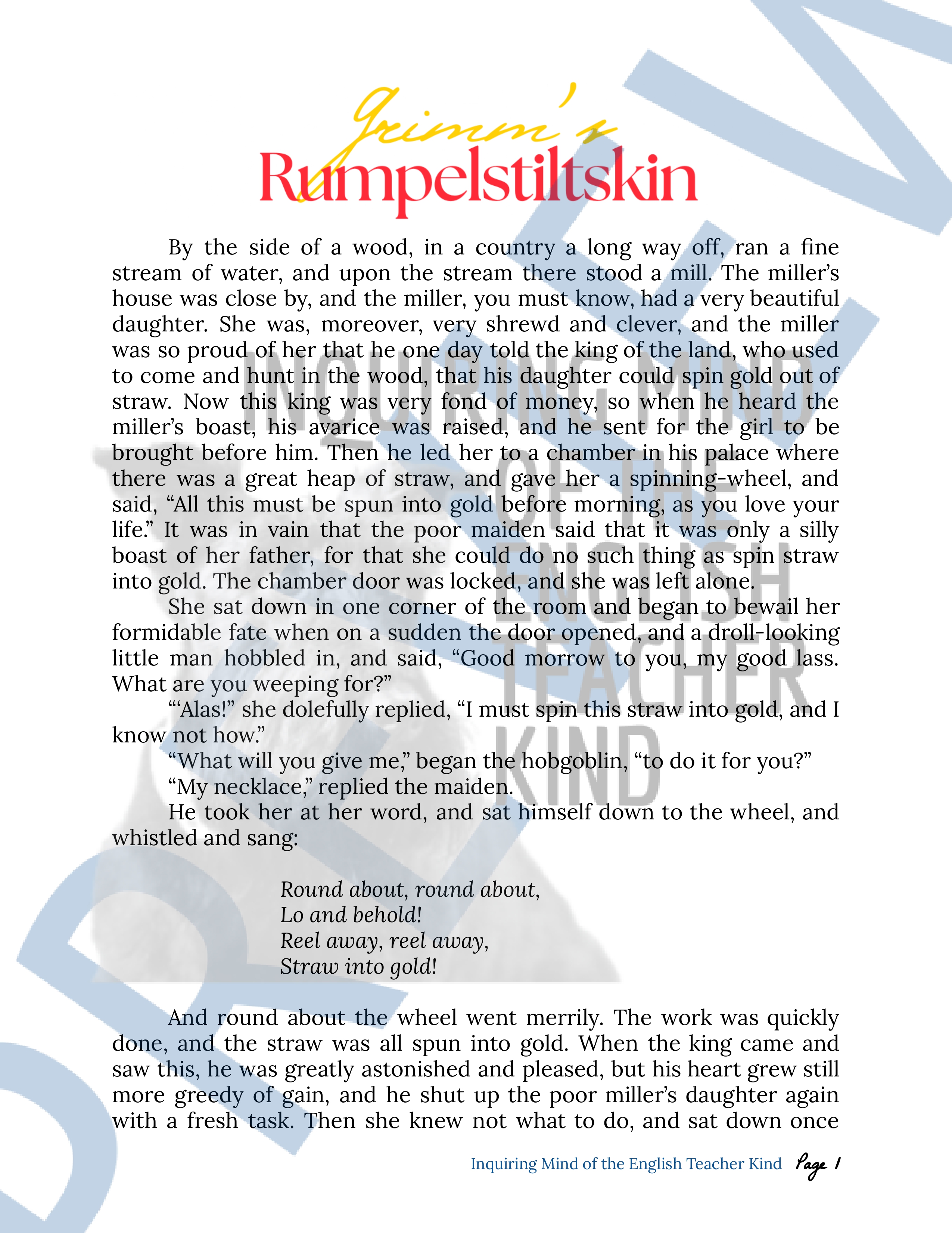"Rumpelstiltskin" Close Reading Analysis Worksheet (Grimm's Fairy Tale ...