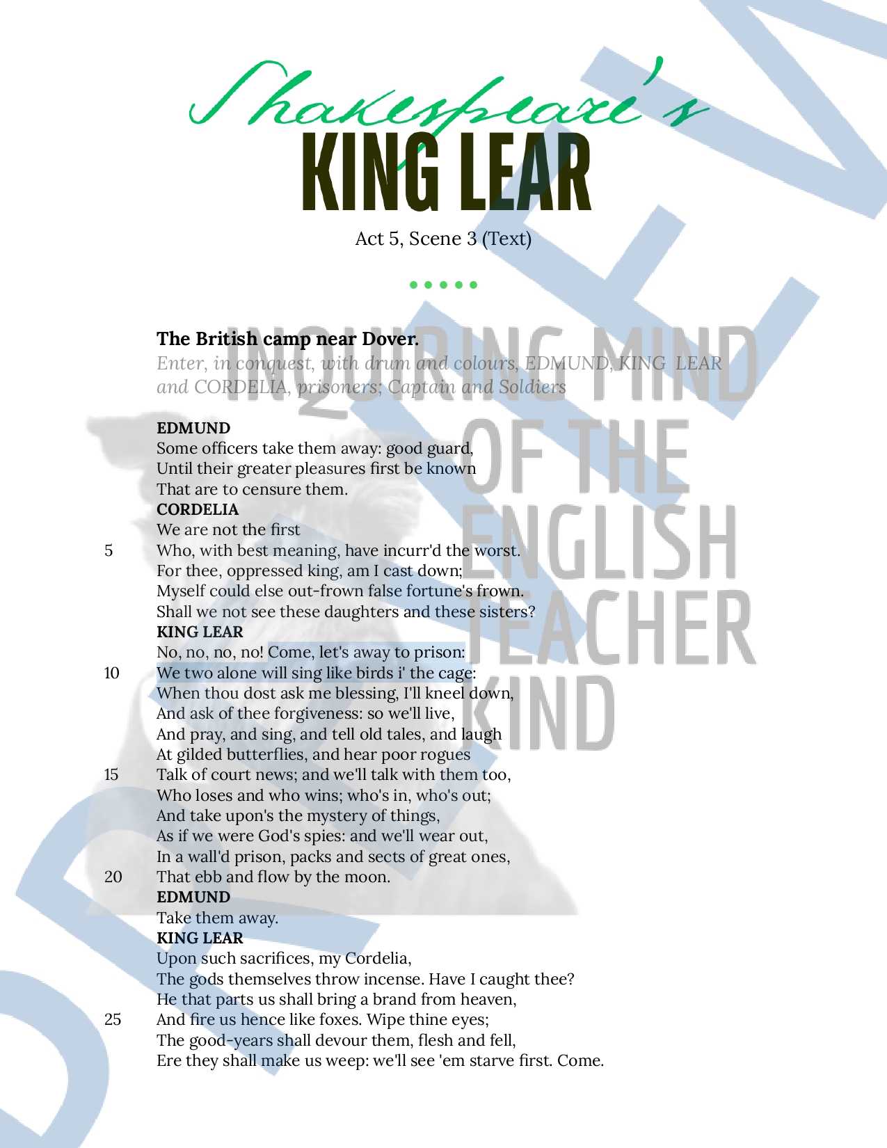 King Lear Act 5 Scene 3 Close Reading Inference Worksheet | Teaching ...
