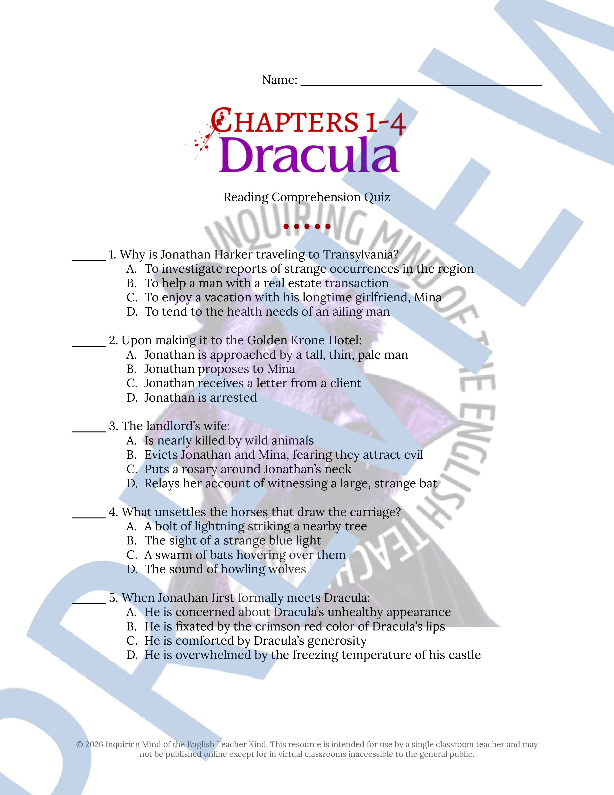 Dracula by Bram Stoker Chapters 1, 2, 3, and 4 Quiz and Answer Key ...