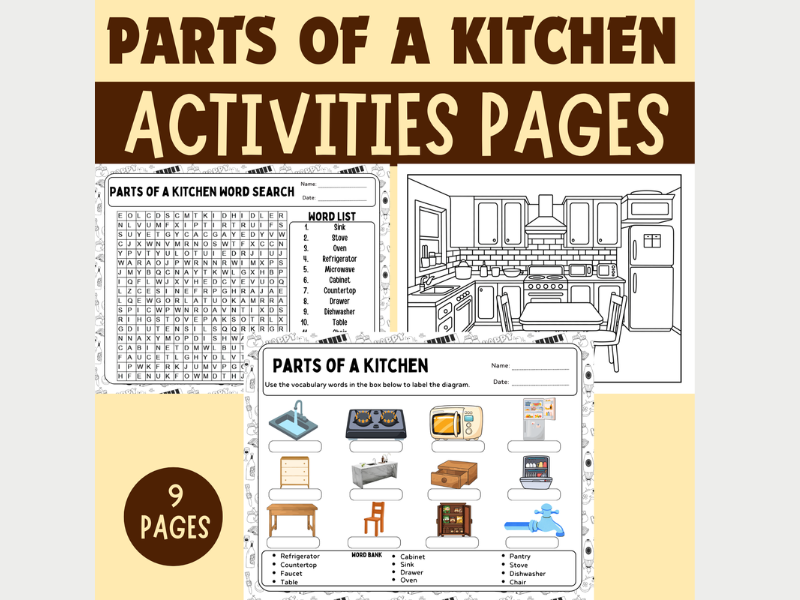 Parts of a Kitchen: Labeling Diagram, Word Search, Coloring Pages | ESL ...