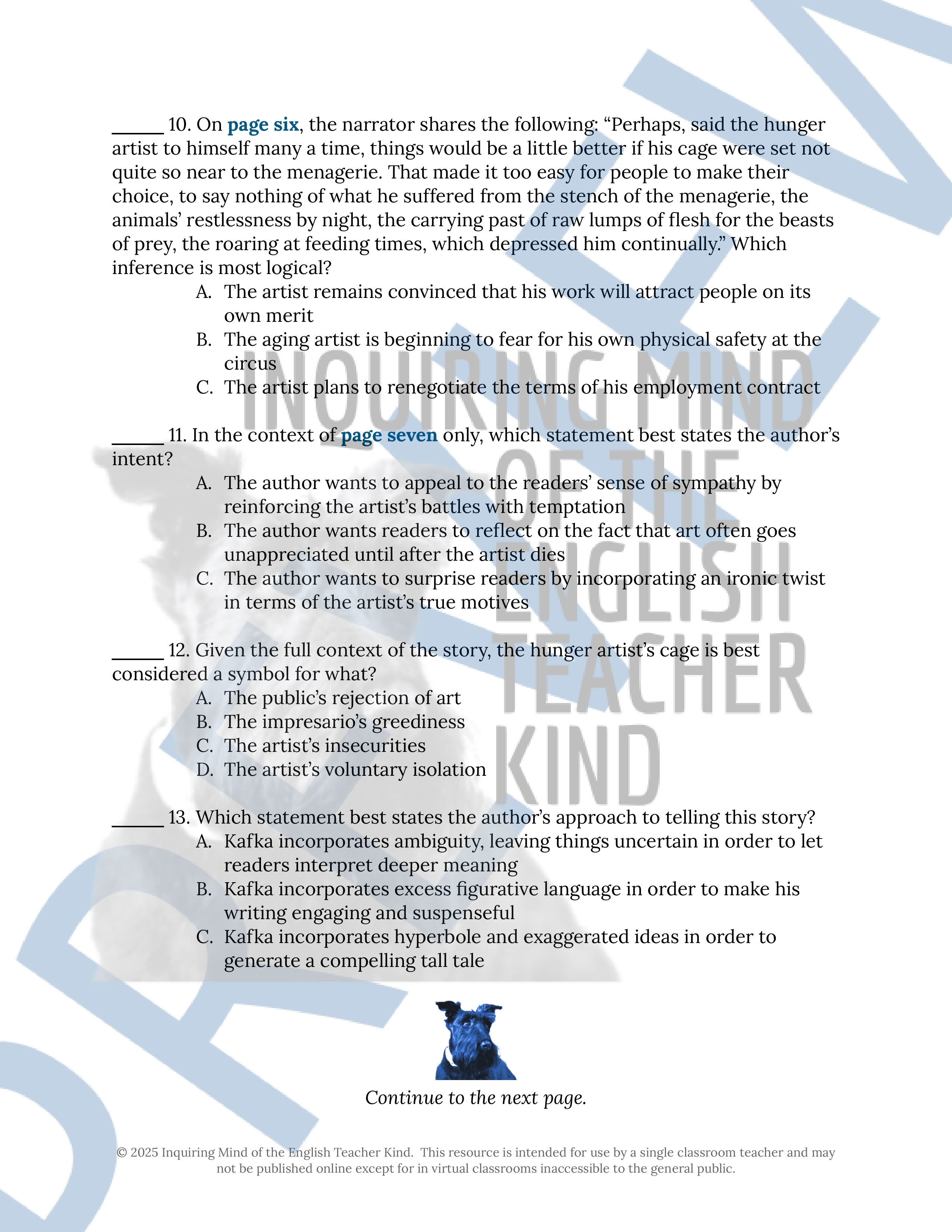 "A Hunger Artist" by Franz Kafka Close Reading Analysis Activity ...