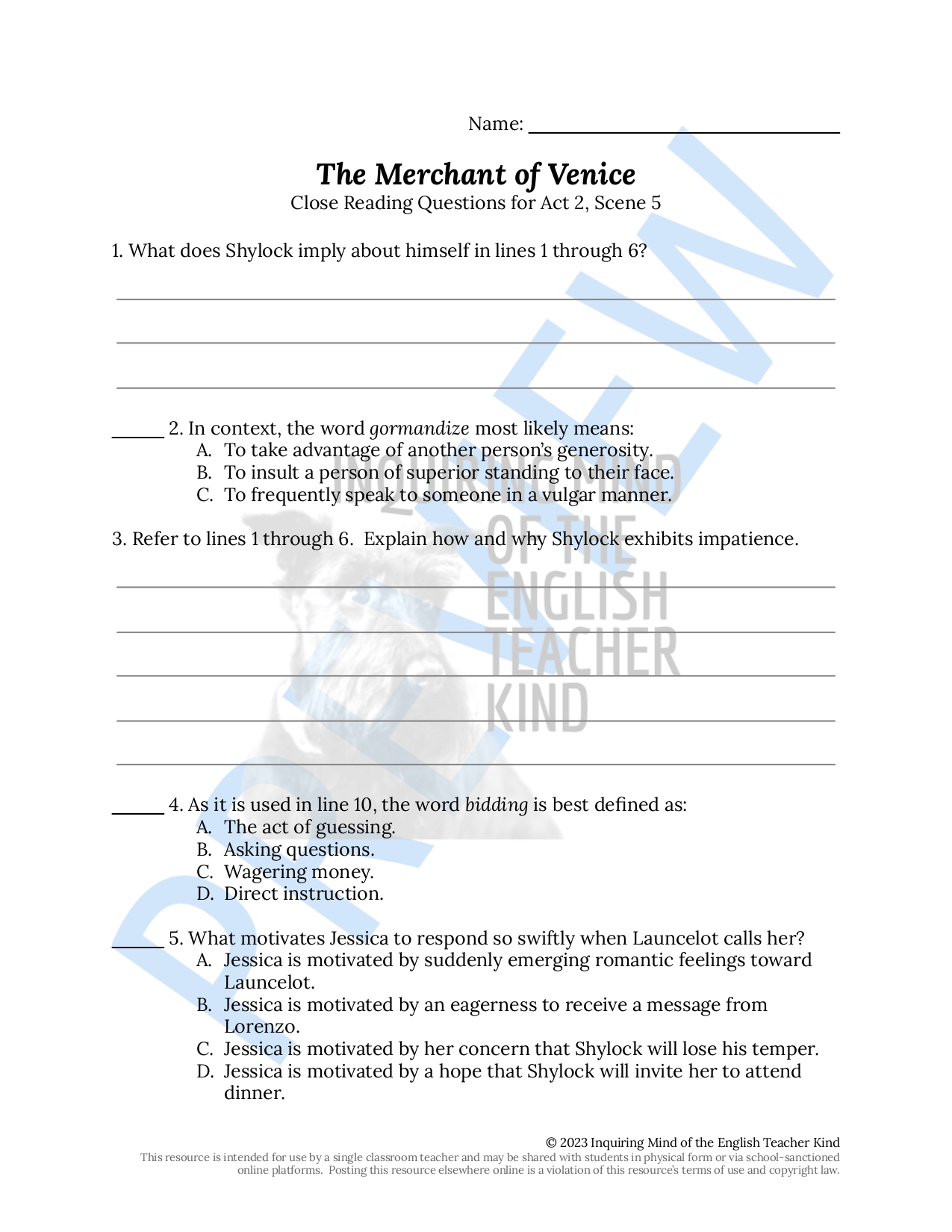 The Merchant of Venice Act 2 Scene 5 Close Reading Analysis Activity | Teaching Resources