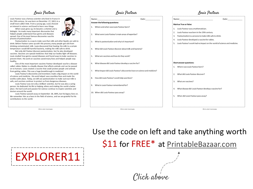 Louis Pasteur Biography Reading Comprehension Passage Printable ...