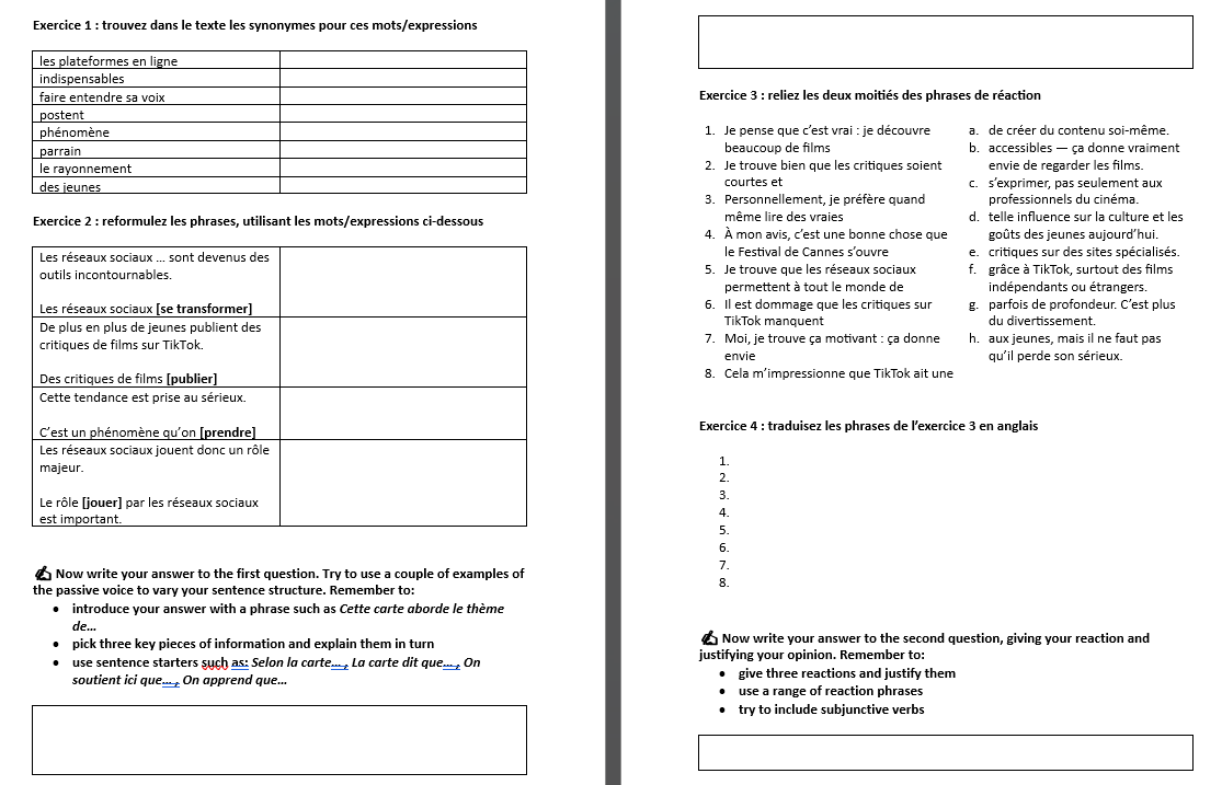 AQA A Level French stimulus card worksheet - Les réseaux sociaux: un ...