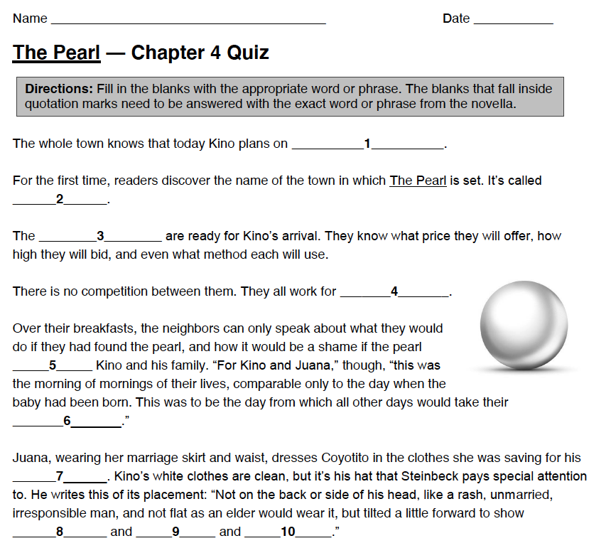 The Pearl by John Steinbeck Novel Chapter Quizzes w/ Answers (6 Quizzes ...