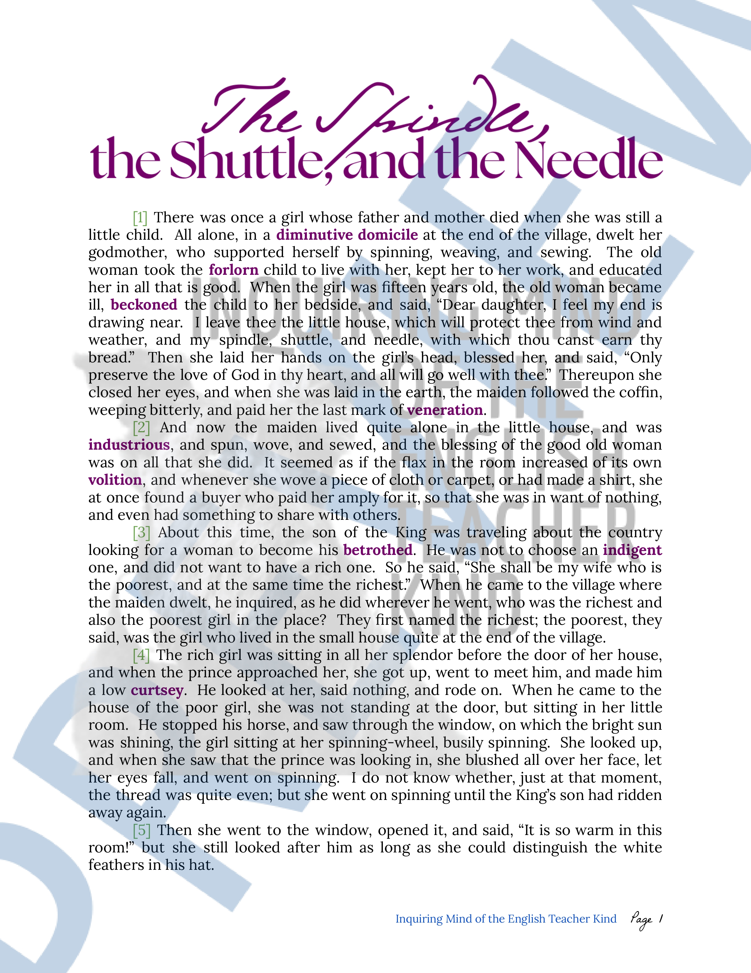 "The Spindle, Shuttle, and Needle" Close Reading Analysis Worksheet ...
