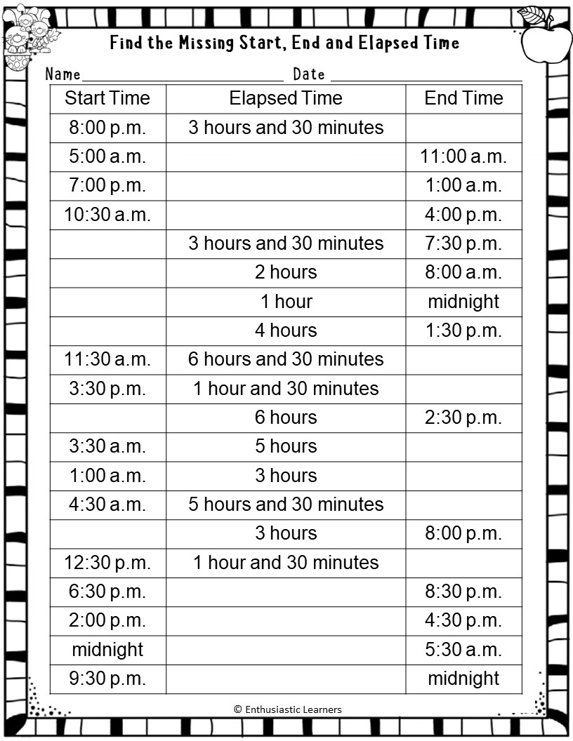 Find the Start, End & Elapsed Time Worksheets (30-Minute & Multiple ...