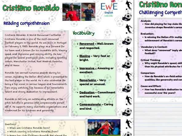 Football Reading Comprehension - Lionel Messi + Cristiano Ronaldo ...
