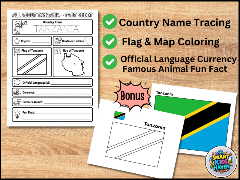 Tanzania Printable Worksheets Map and Flag Country Study Research ...