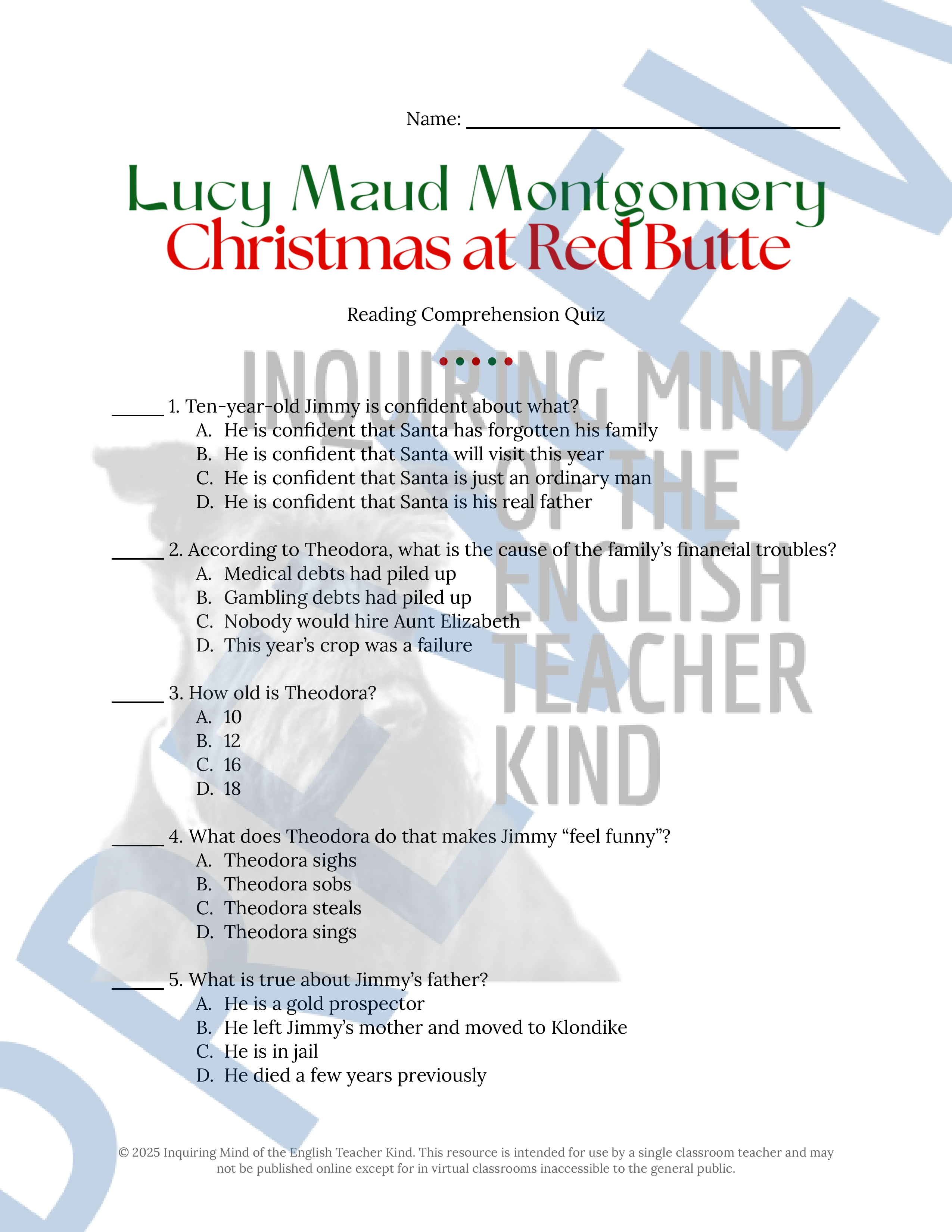 "Christmas at Red Butte" Quiz and Answer Key | Winter Holiday Season ...
