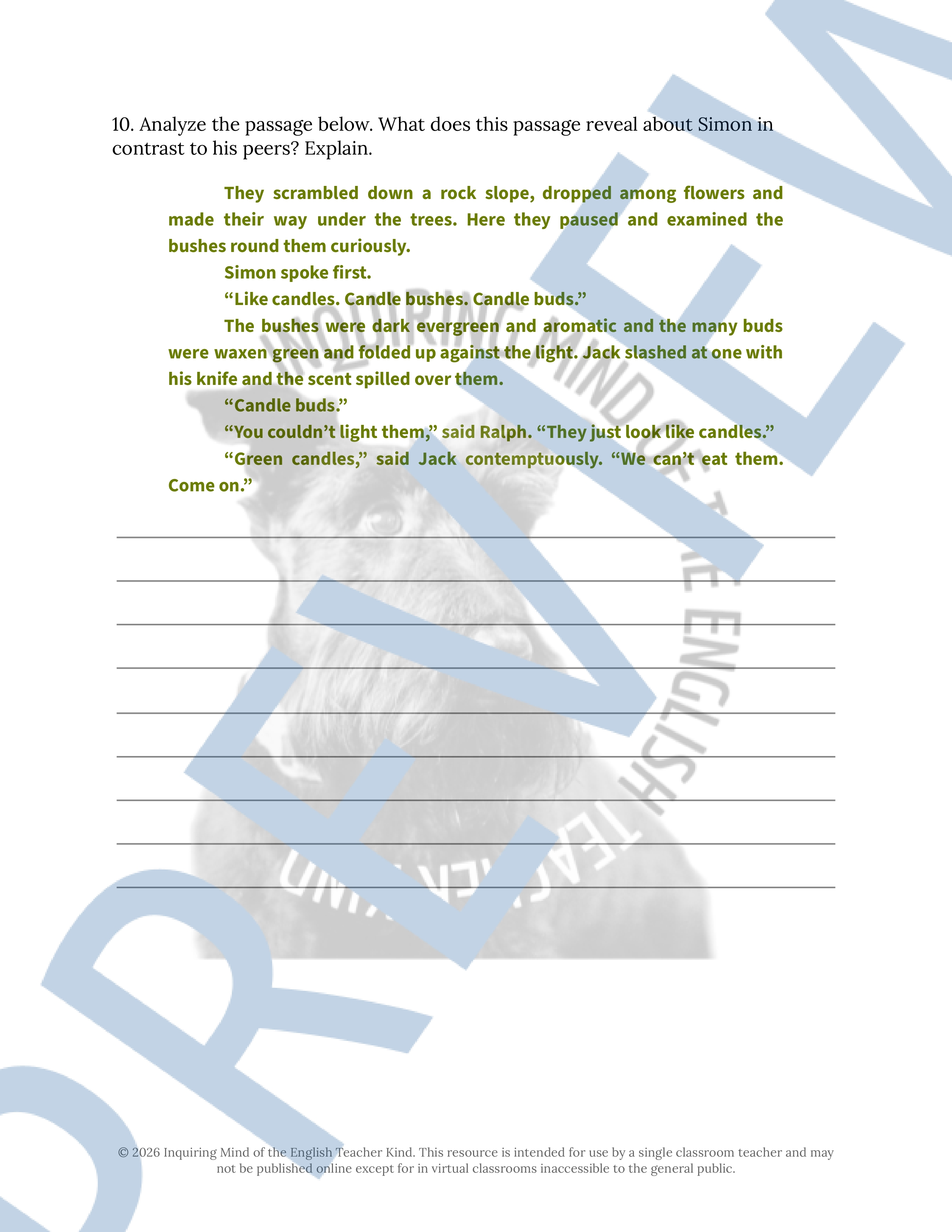 Lord of the Flies Chapter 1 Close Reading Analysis Worksheet | Teaching ...