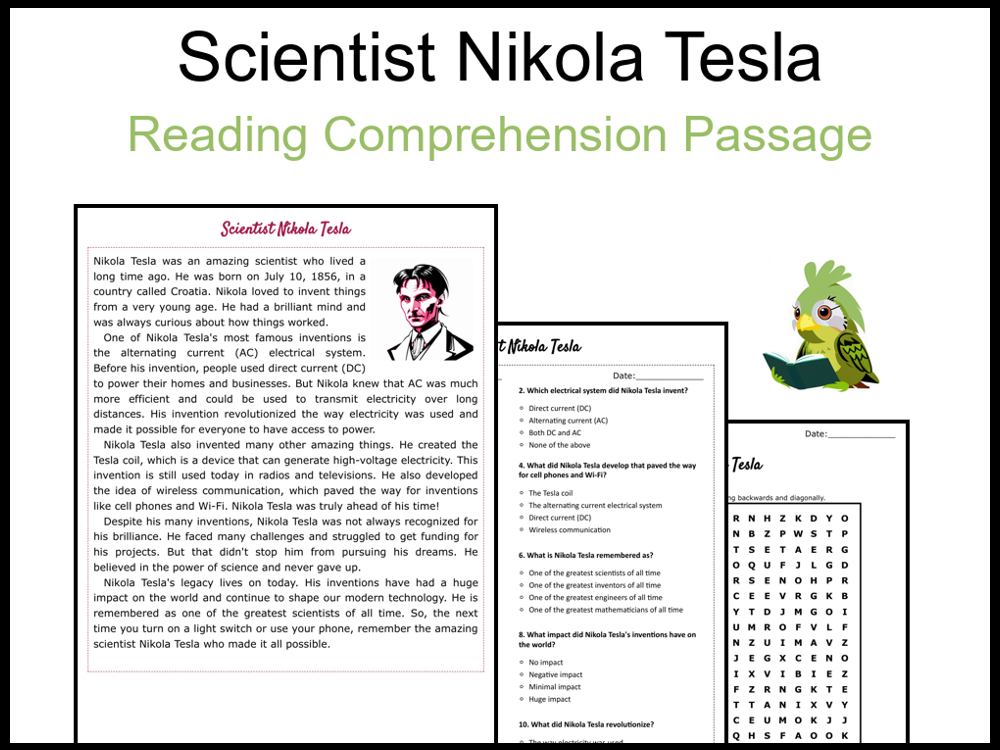 Scientist Nikola Tesla Reading Comprehension and Word Search | Teaching ...