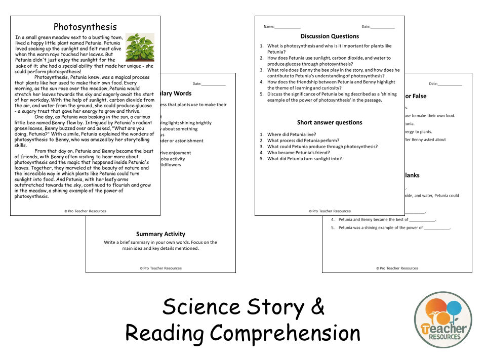 Photosynthesis Reading Science Story Comprehension Questions Worksheet ...