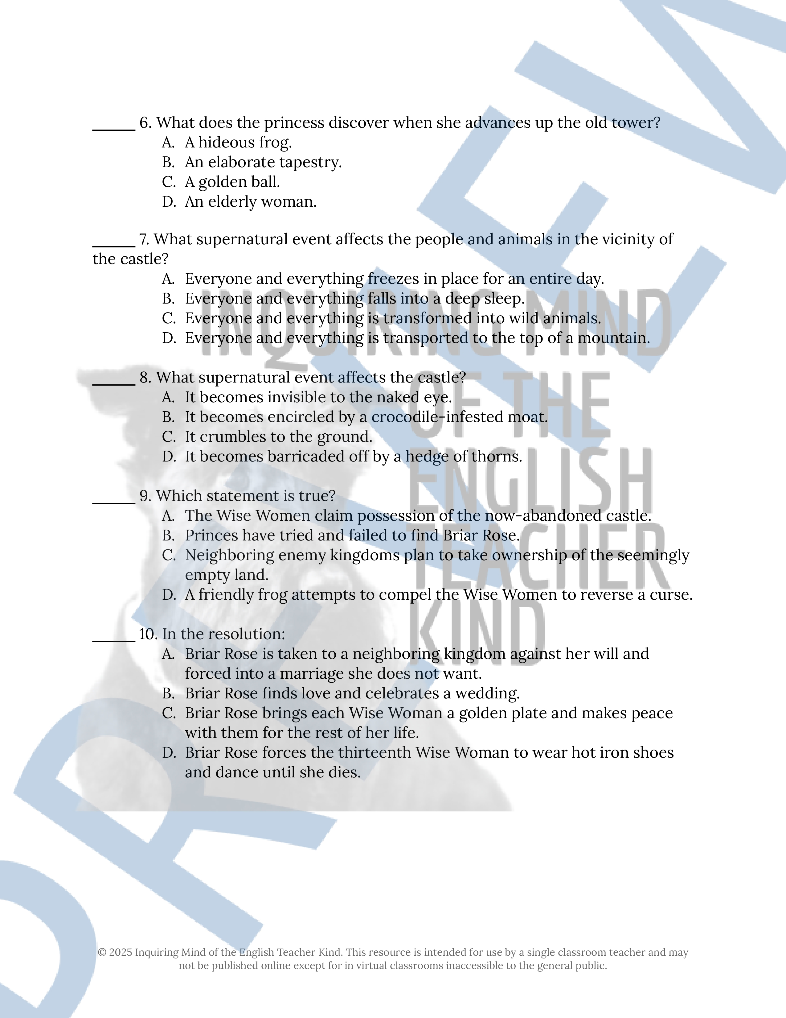 "Sleeping Beauty" Quiz and Answer Key (Grimm's Fairy Tale | Short Story ...