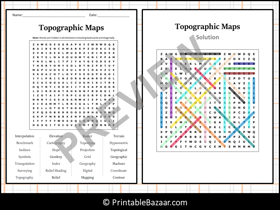 Topographic Maps Word Search Puzzle Worksheet Activity | Teaching Resources