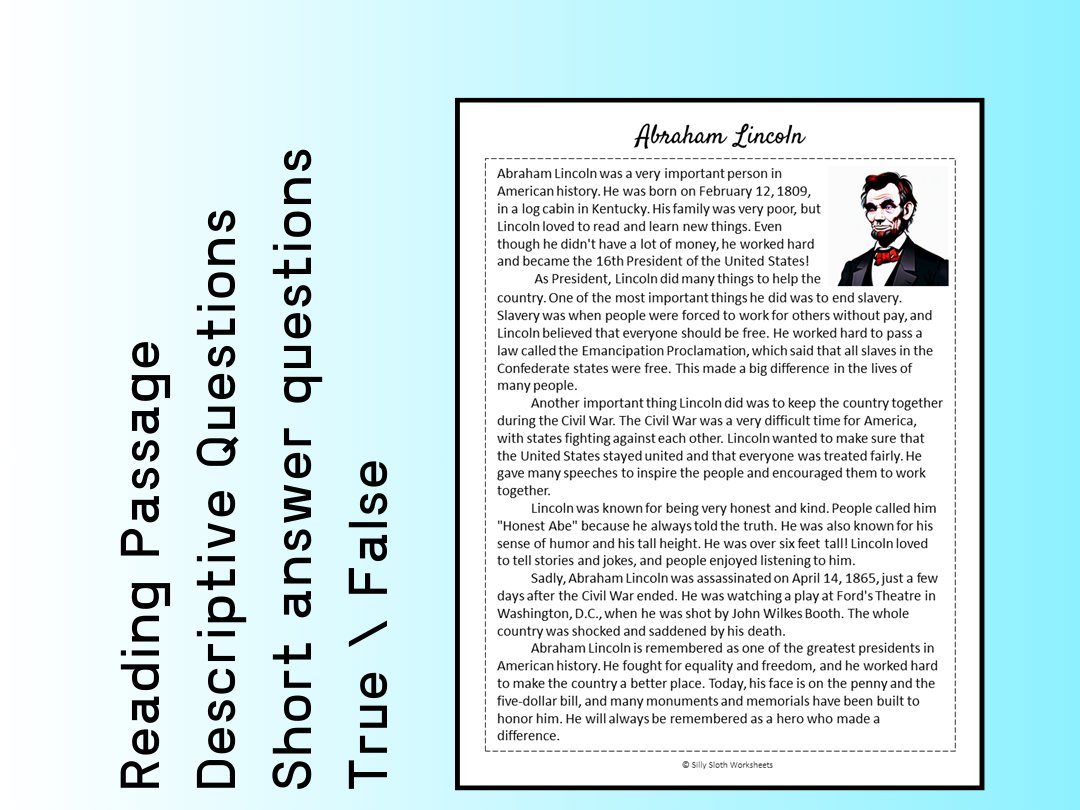 Abraham Lincoln Biography Reading Comprehension Passage Printable ...
