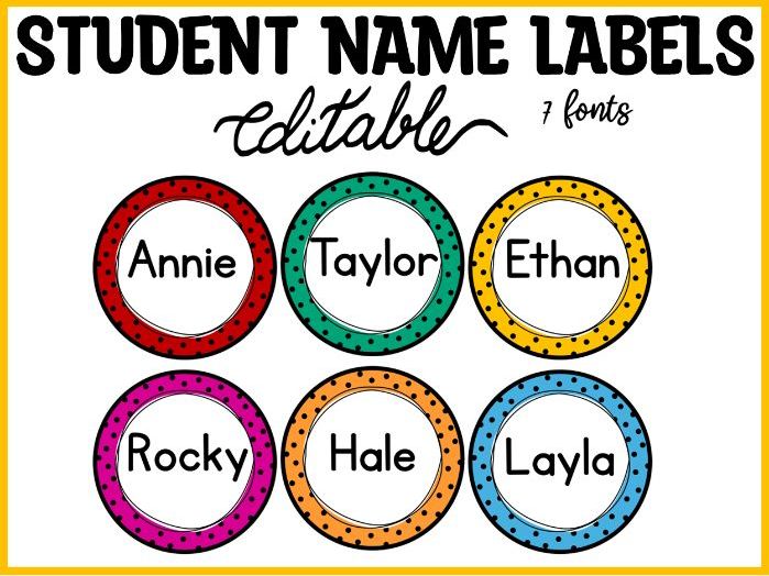 Printable Black and Bright Polka Dots Student Name Labels, Name Signs ...