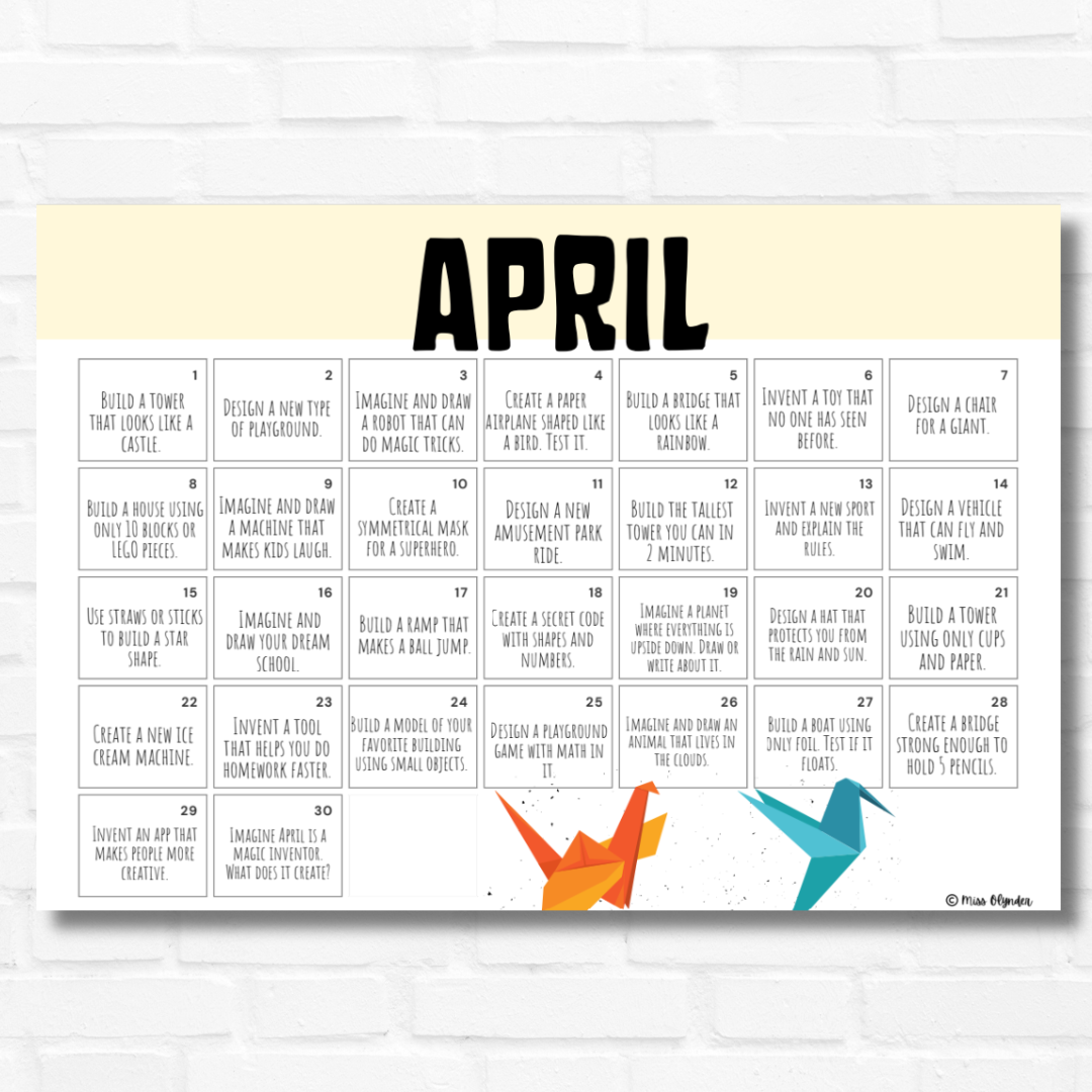 STEM Challenge Calendar –April | Daily STEM Activities for Primary ...