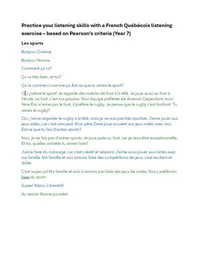 French Listening Exercice Y7 - Sports | Teaching Resources