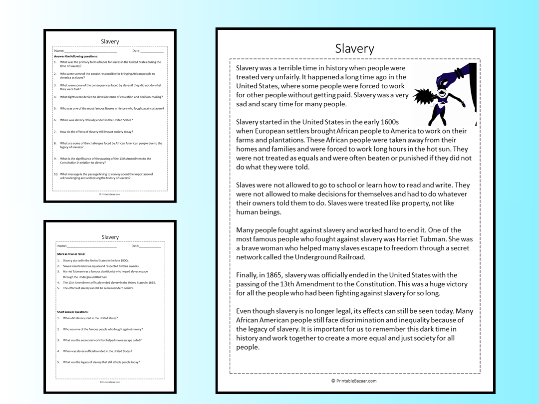 Slavery Reading Comprehension Passage Printable Worksheet | Teaching ...