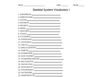 Skeletal System Vocabulary I Word Scramble for Medical Terminology ...