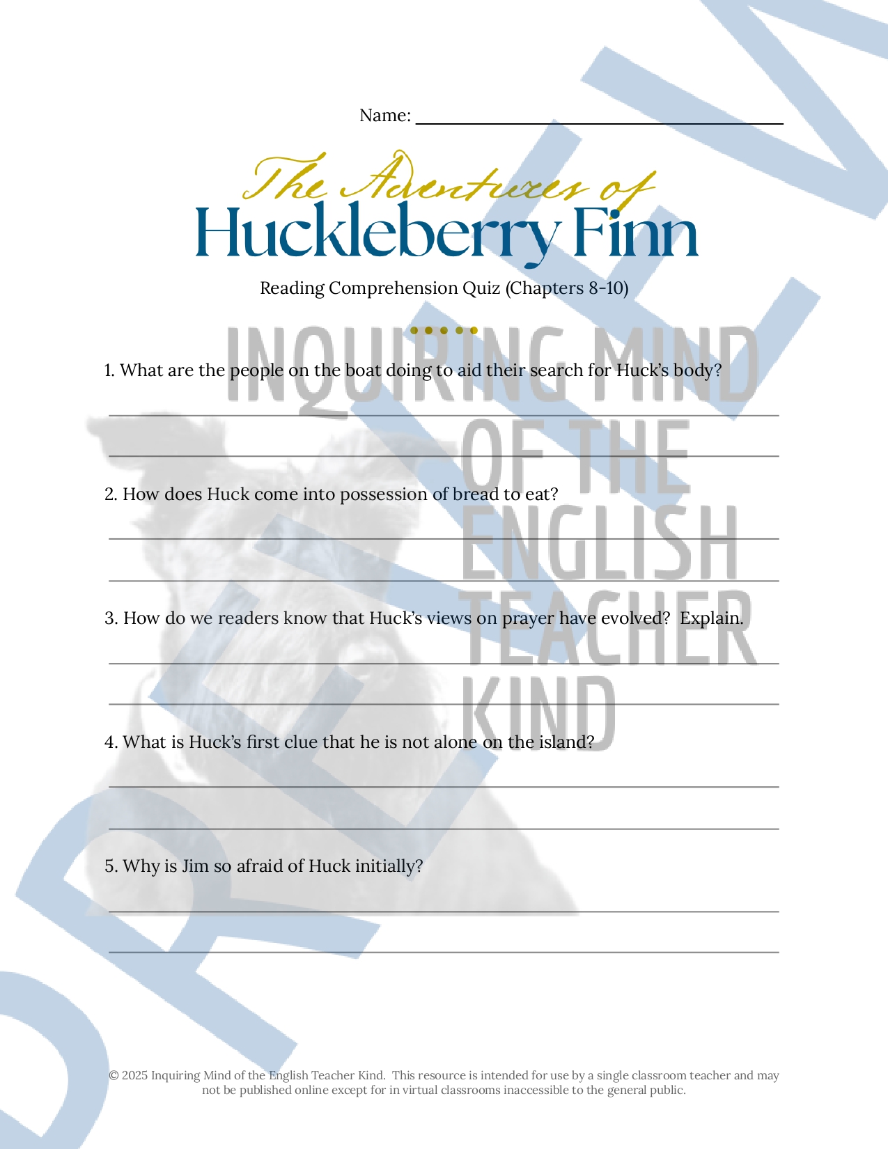The Adventures of Huckleberry Finn Chapters 8, 9, and 10 Quiz and ...