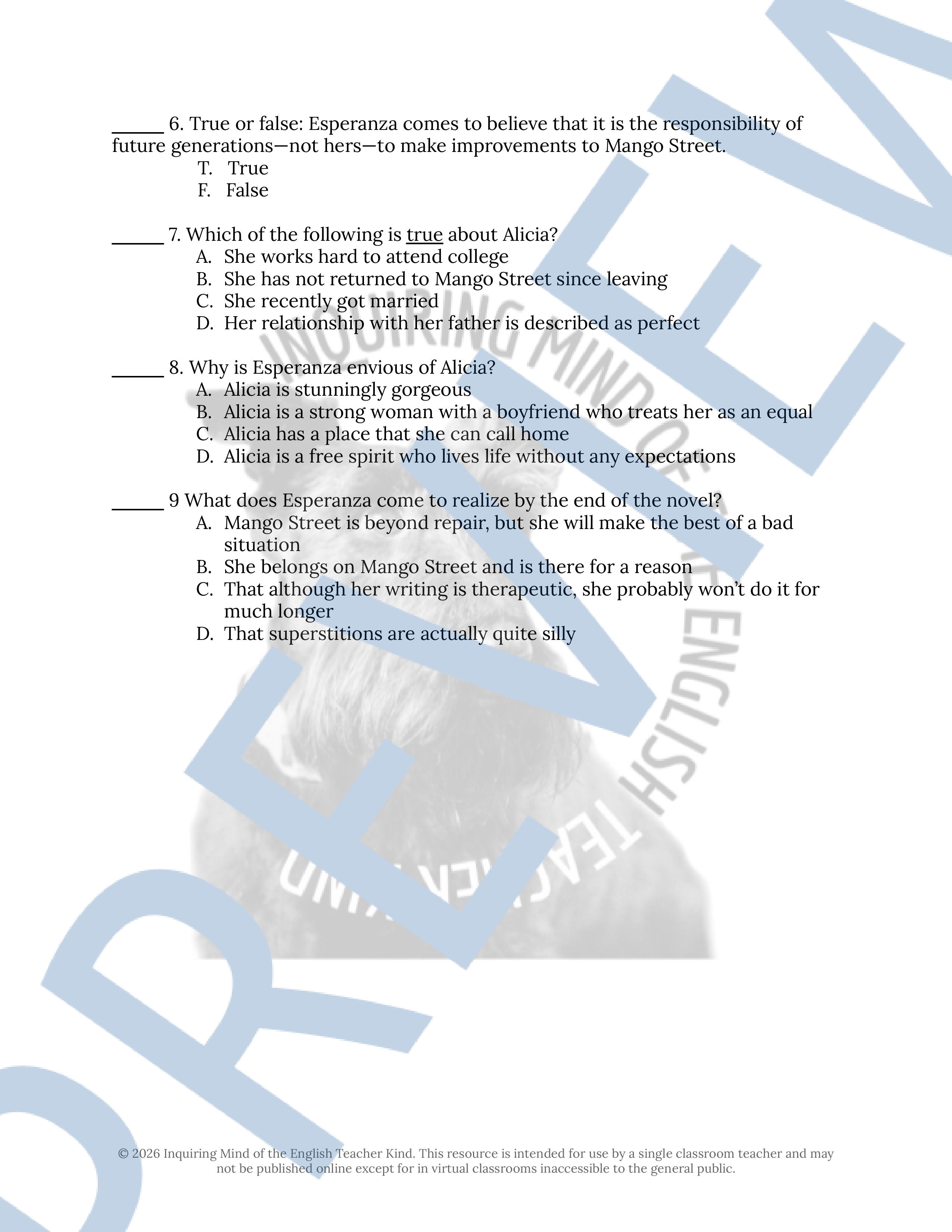 House on Mango Street Chapters 41-44 Quiz & Key | Independent Reading ...