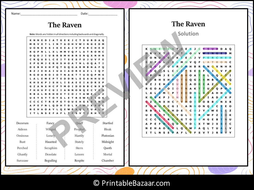 The Raven Word Search Puzzle Worksheet Activity Teaching Resources