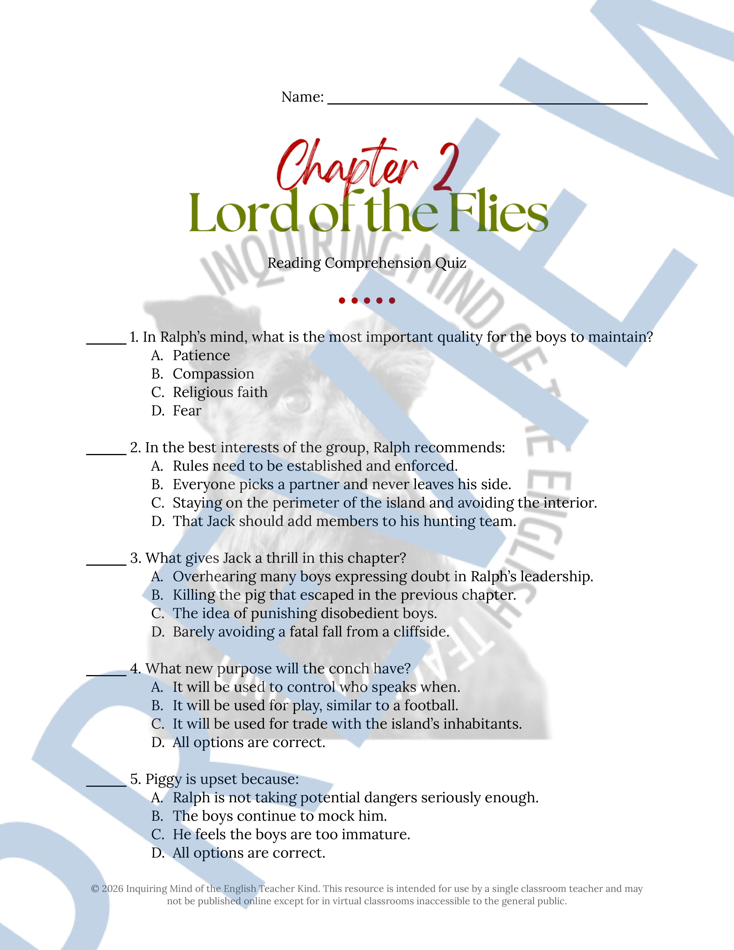 Lord of the Flies Chapter 2 Quiz and Answer Key | Guided Reading ...