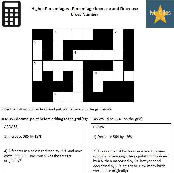 Higher Percentages Topic Cross Number Bundle | Teaching Resources