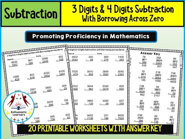 3-Digits & 4-Digits Subtraction with Borrowing Across Zeros Worksheets ...