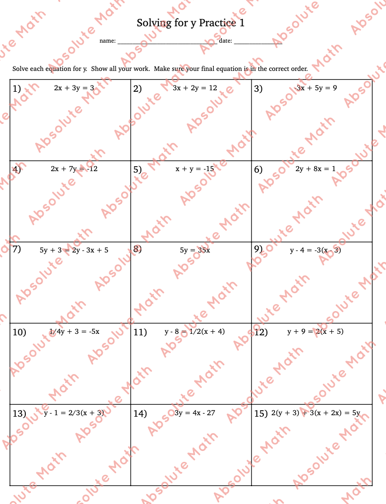 Solving for y Practice 1 | Teaching Resources