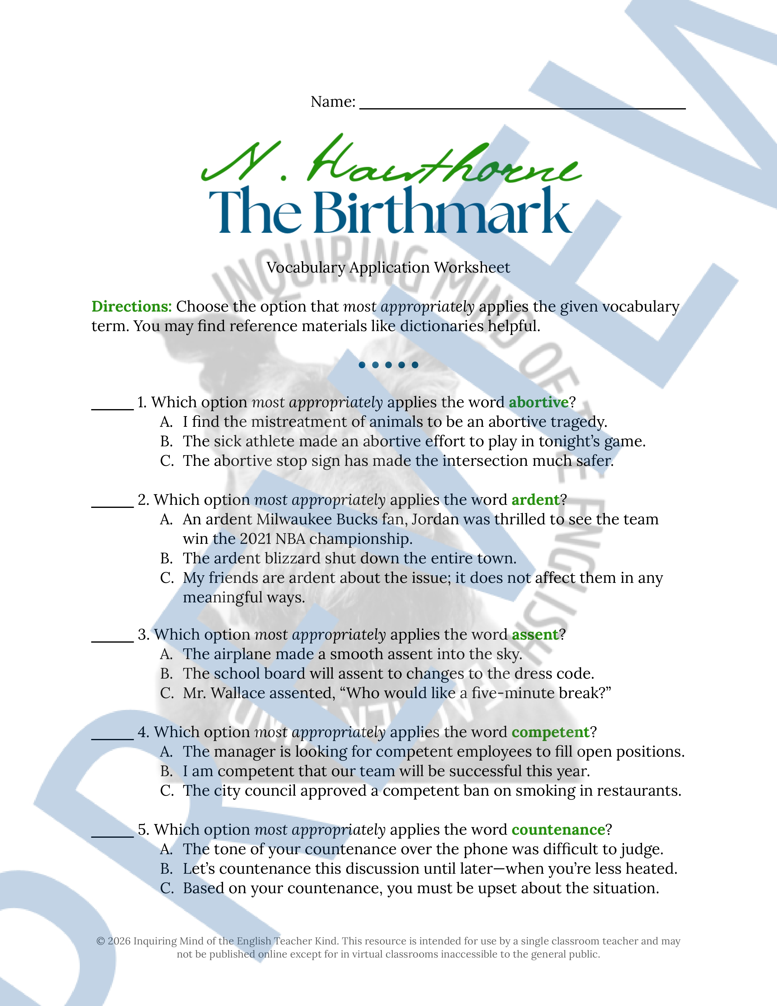"The Birthmark" by Nathaniel Hawthorne Vocabulary Worksheet, Crossword ...