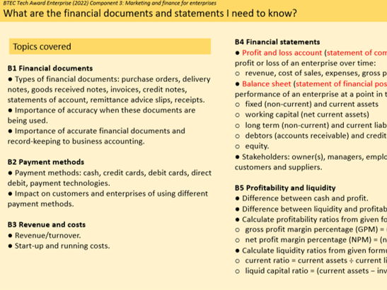 BTEC Tech Award Enterprise 22 Component 3 LO B topics | Teaching Resources