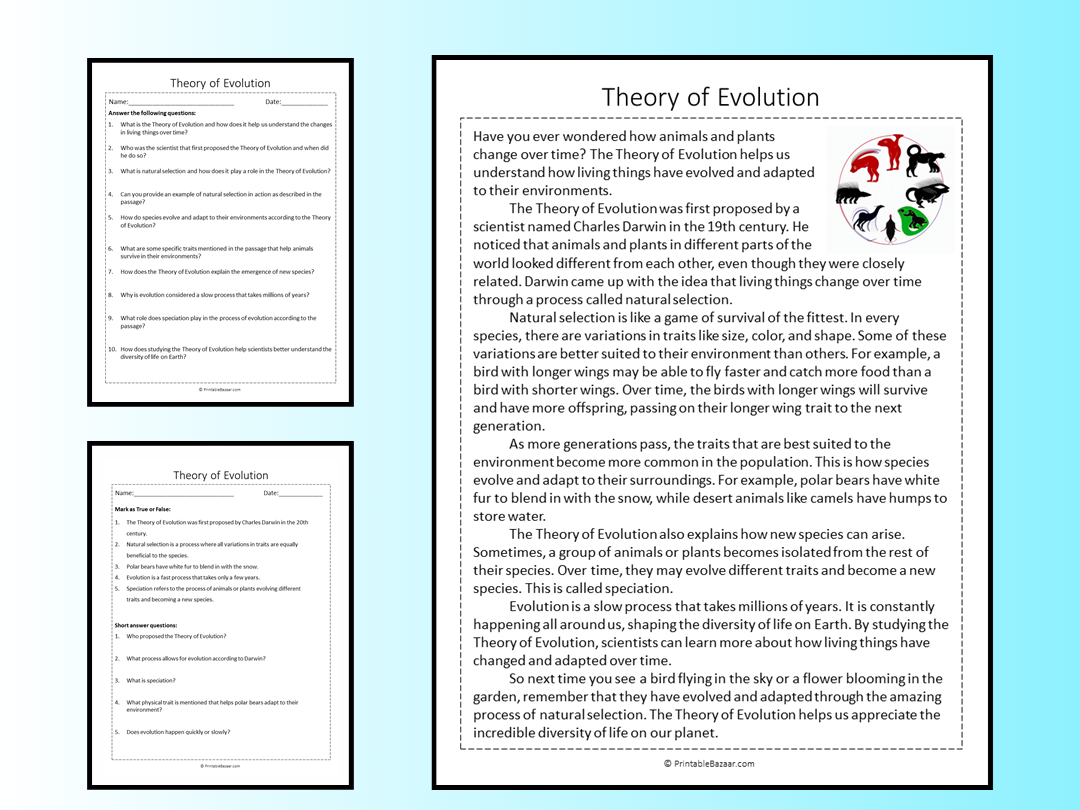 Theory of Evolution Reading Comprehension Passage Printable Worksheet ...