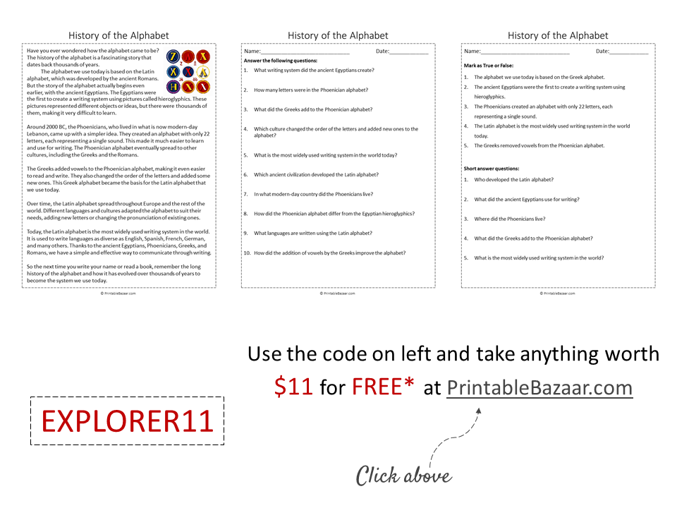 History of the Alphabet Reading Comprehension Passage Printable ...