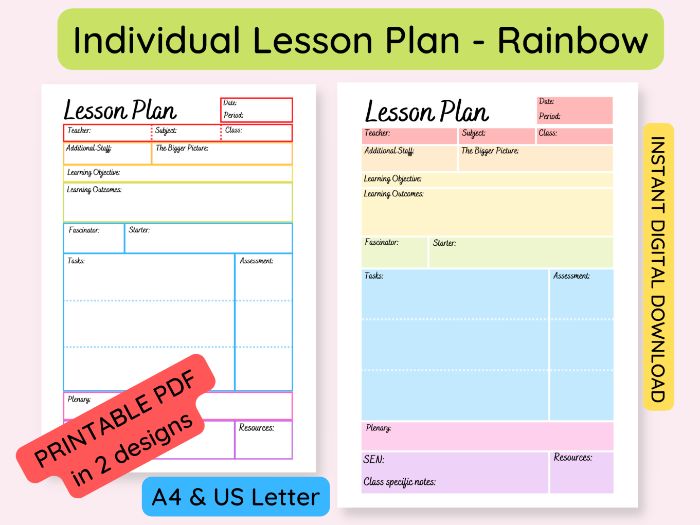 Lesson Plan Template in Rainbow Colours. Help structure lessons - great ...