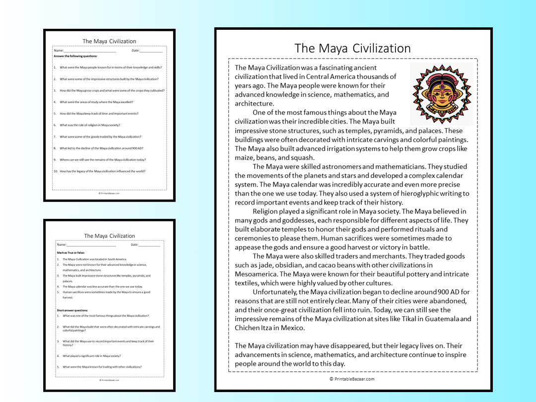 The Maya Civilization Reading Comprehension Passage Printable Worksheet ...