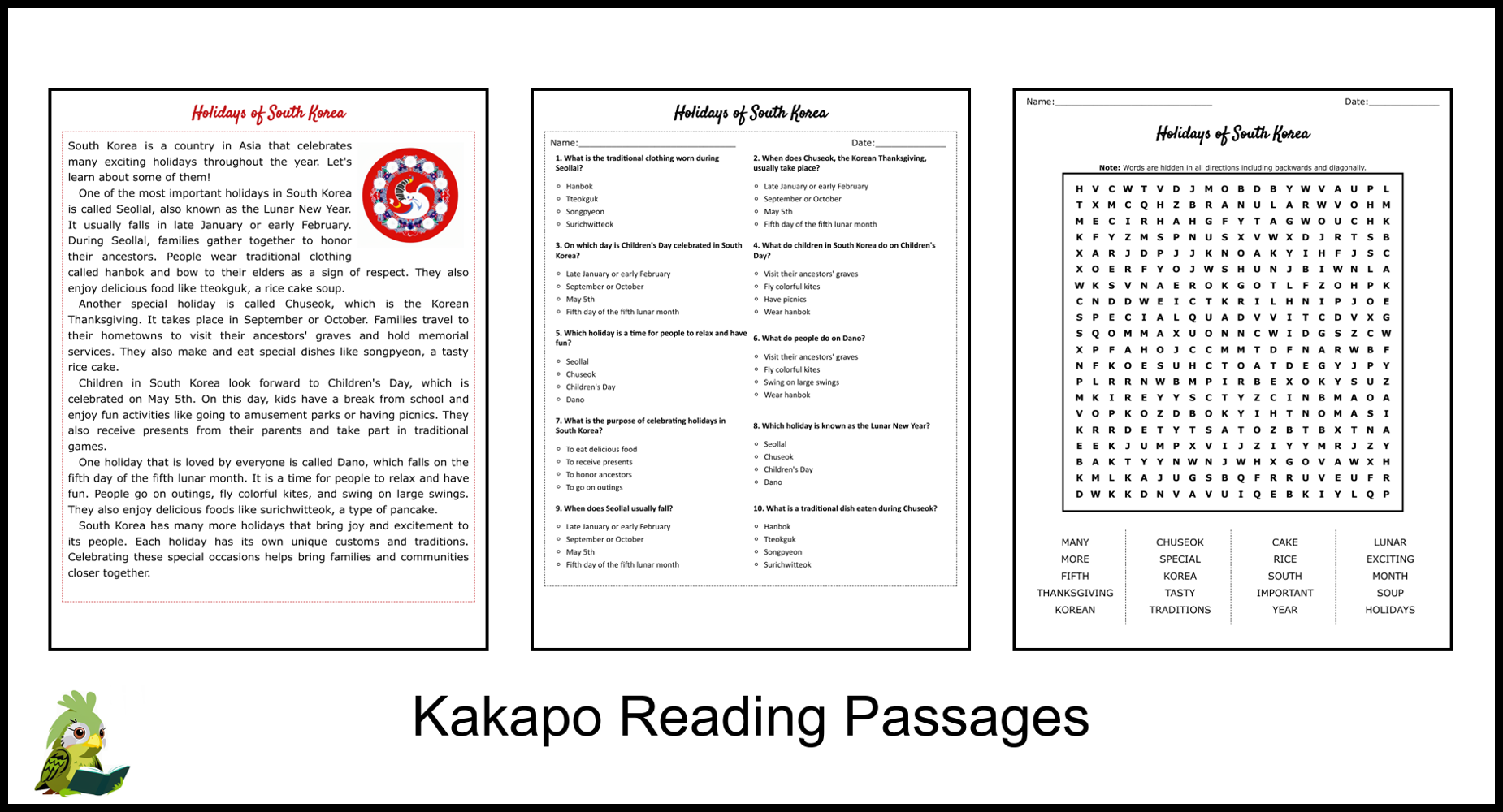 Holidays of South Korea Reading Comprehension and Word Search ...