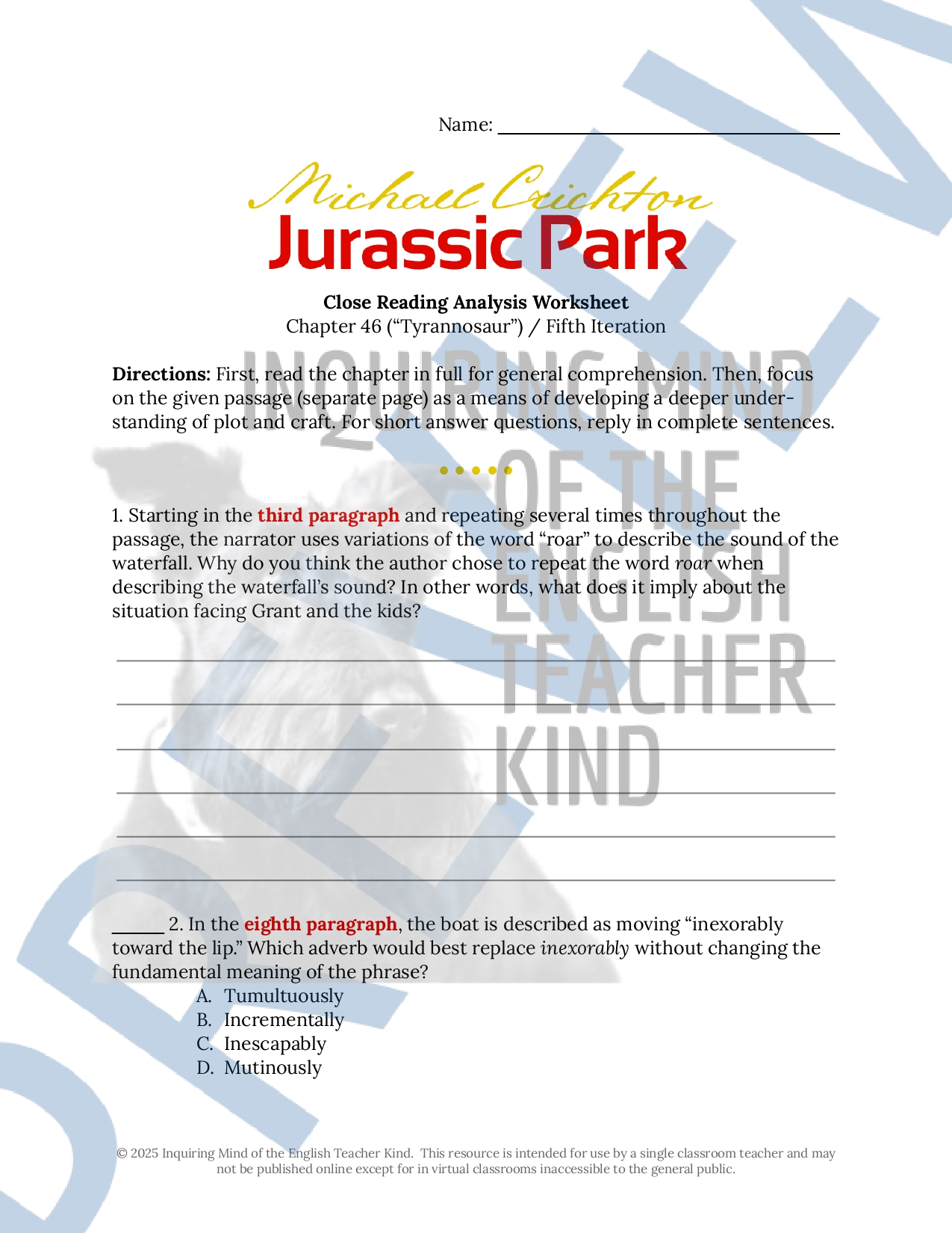 Jurassic Park by Michael Crichton Chapter 46 Close Reading Analysis ...