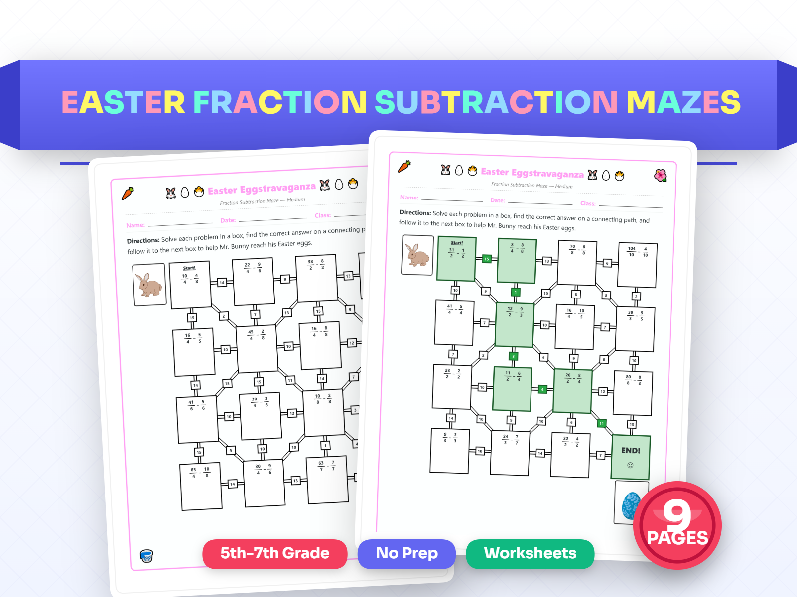 Easter Fraction Subtraction Maze Worksheets with unlike denominators ...