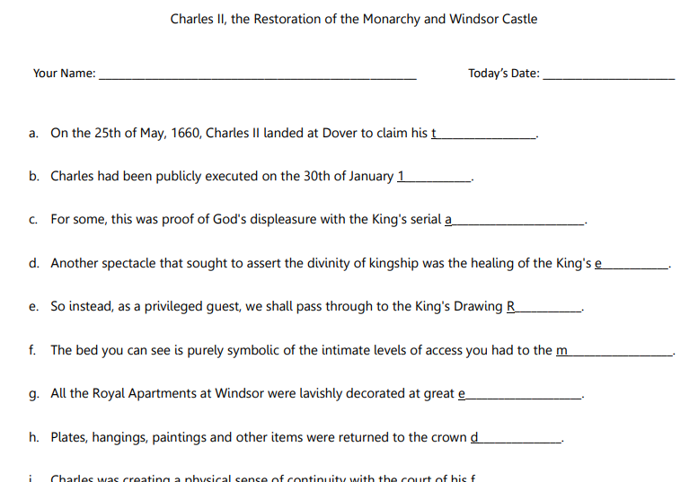 RHU Charles II and The Restoration. Video questions, differentiated ...