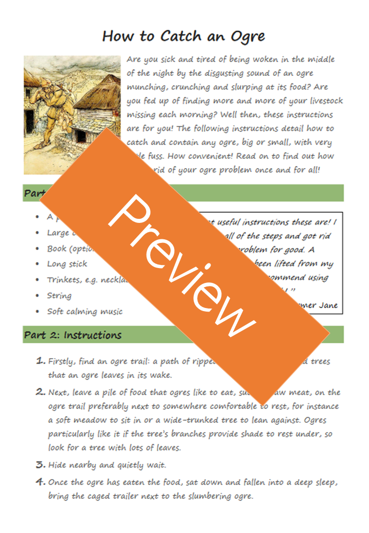 How to Catch an Ogre Example Instructions with Feature Identification & Answers | Teaching Resources