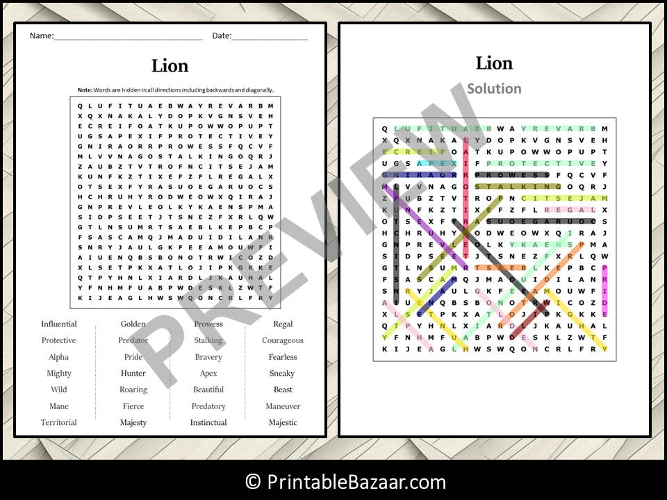 Lion Word Search Puzzle Worksheet Activity | Teaching Resources