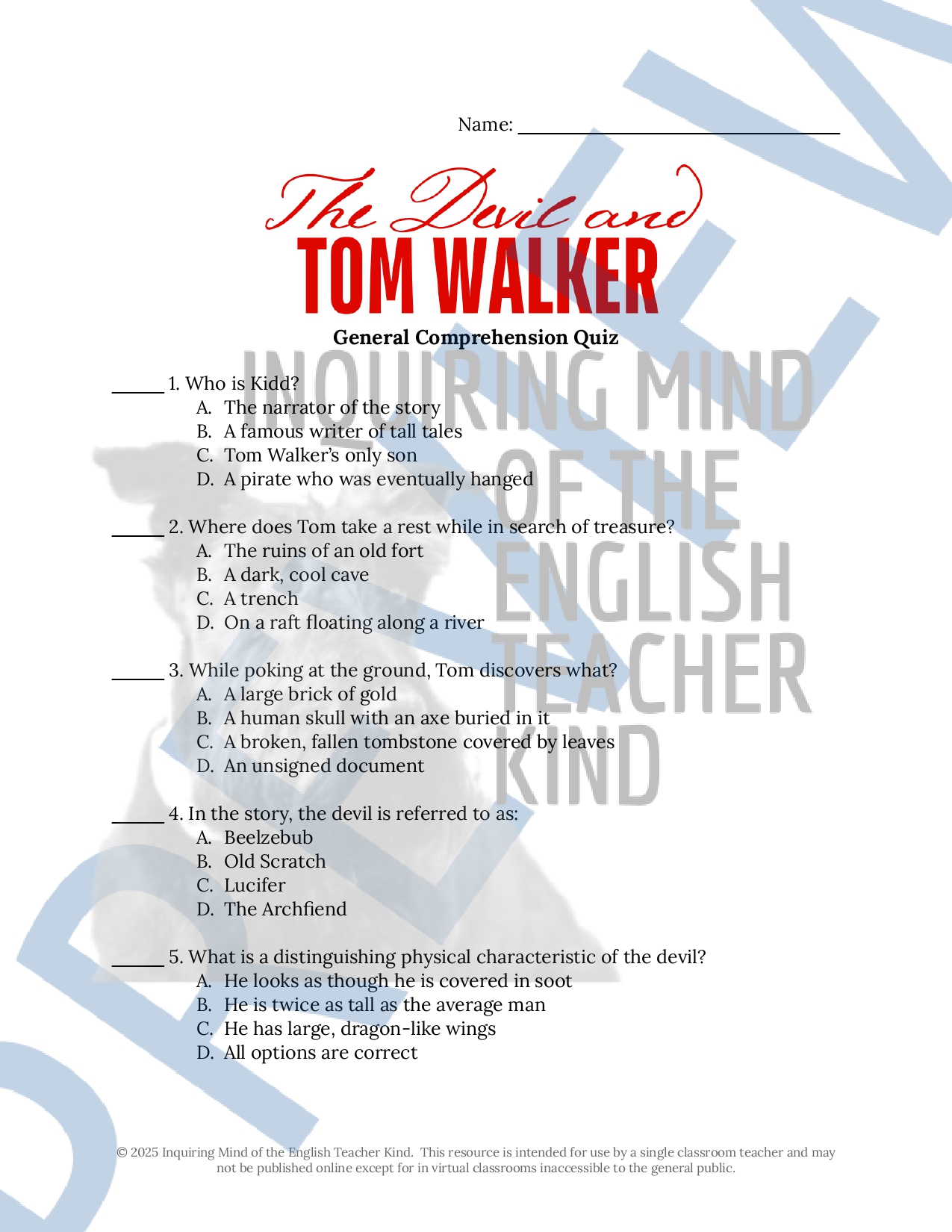 "The Devil and Tom Walker" by Washington Irving Quiz and Answer Key ...