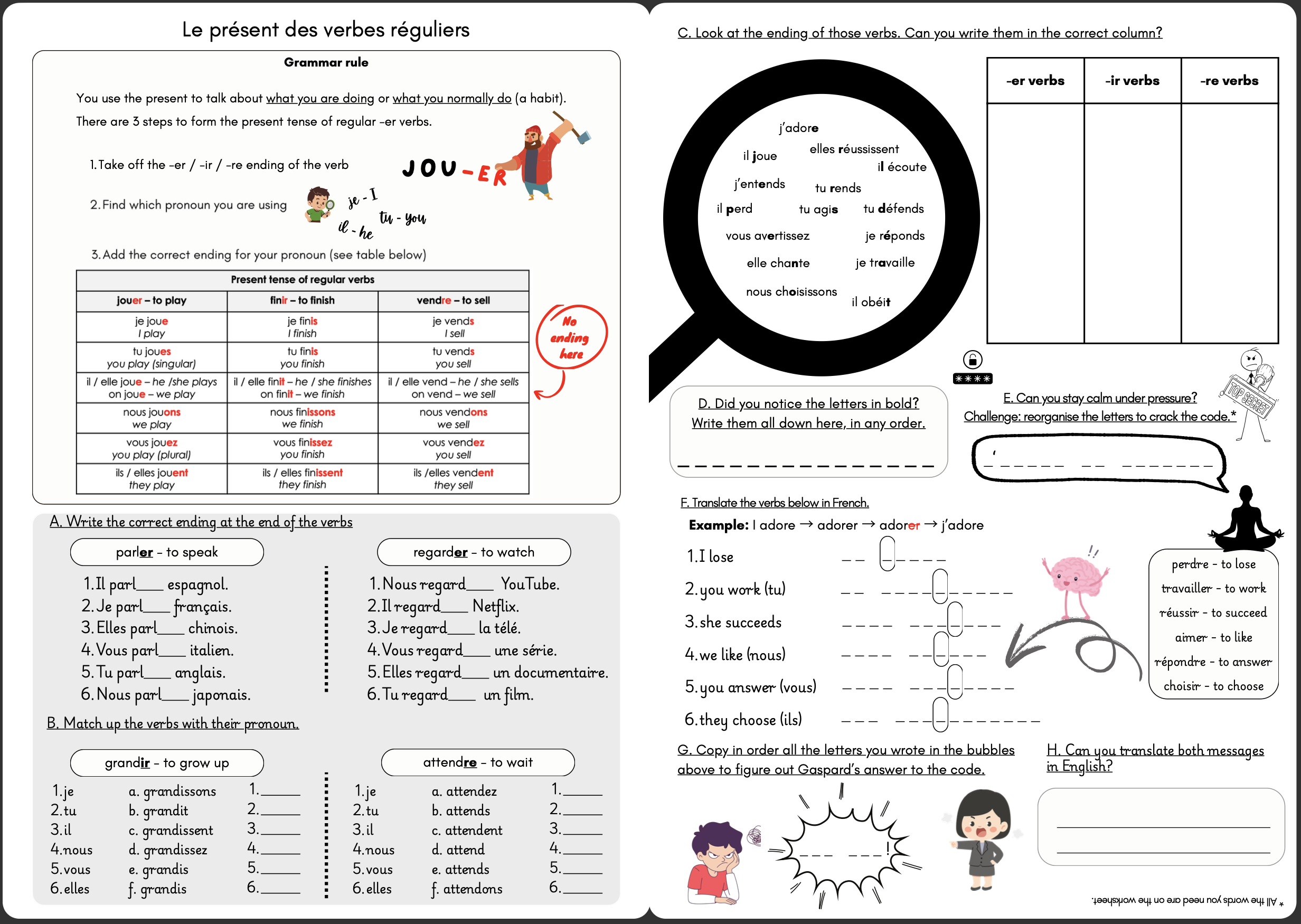 Present tense of regular verbs in French - KS3 worksheet | Teaching ...