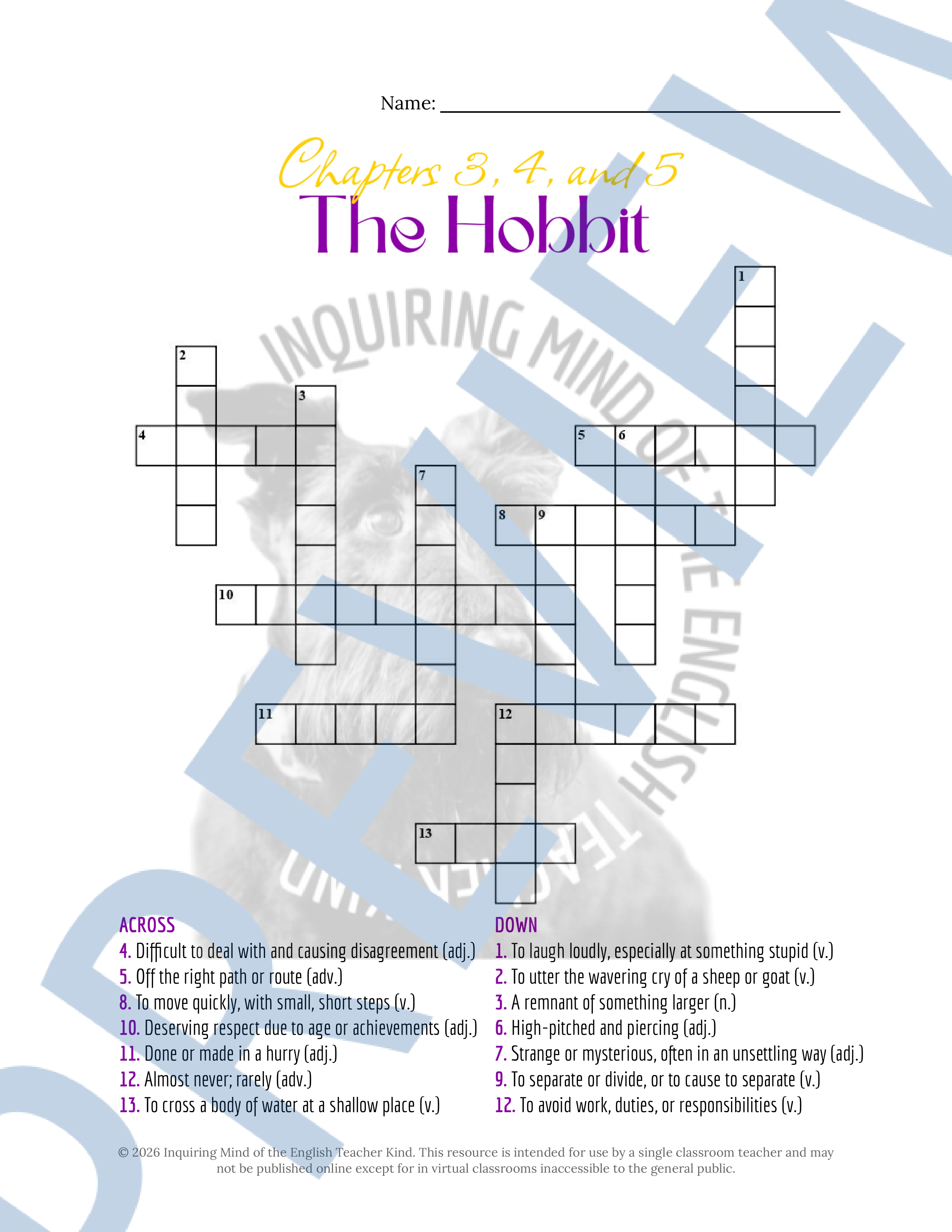 The Hobbit Chapters 3, 4, and 5 Vocabulary Games | Crossword Puzzle ...