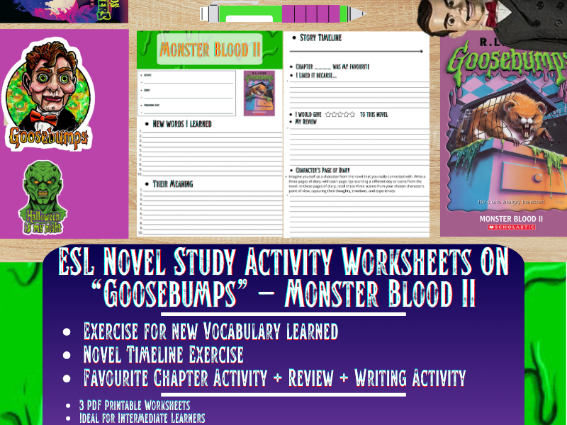 ESL Novel Study Worksheets - Monster Blood II - Goosebumps - R.L Stine ...