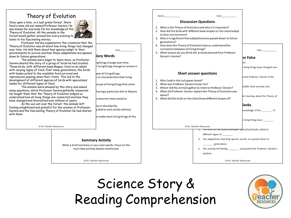 Theory of Evolution Reading Science Story Comprehension Questions ...